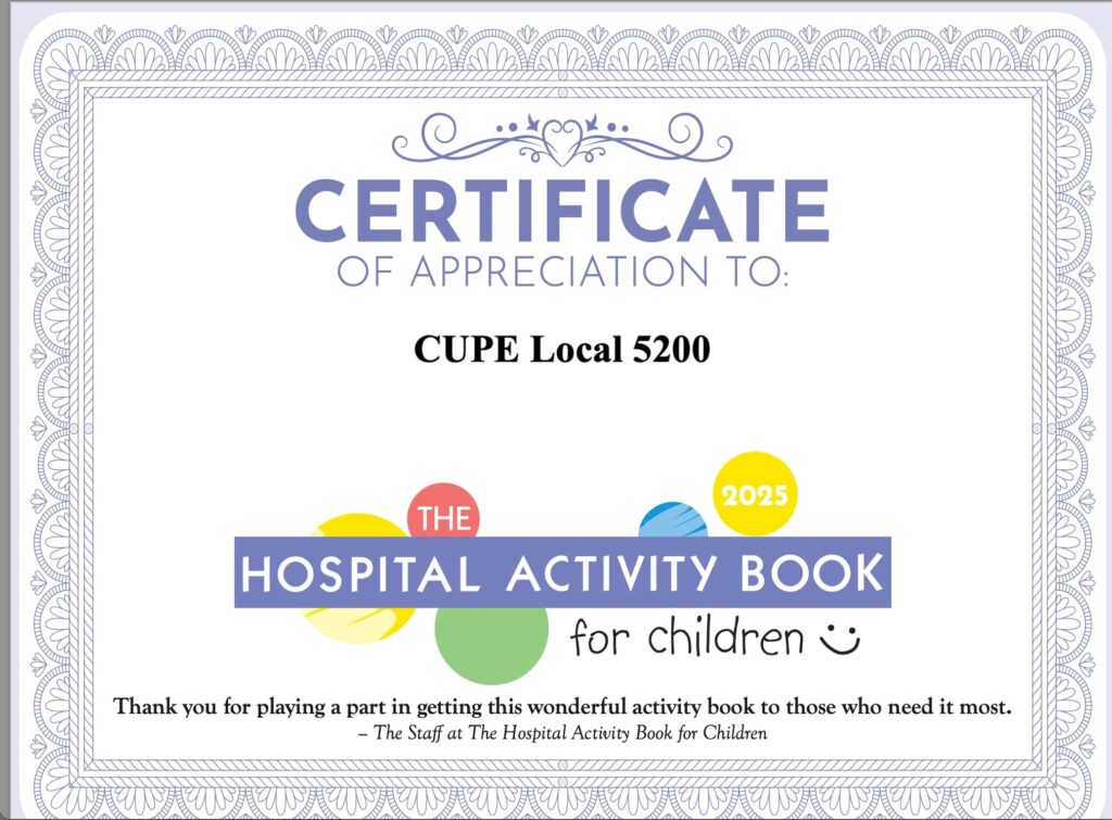 Hospital Activity Book Sponsorship Certificate - CUPE Local 5200