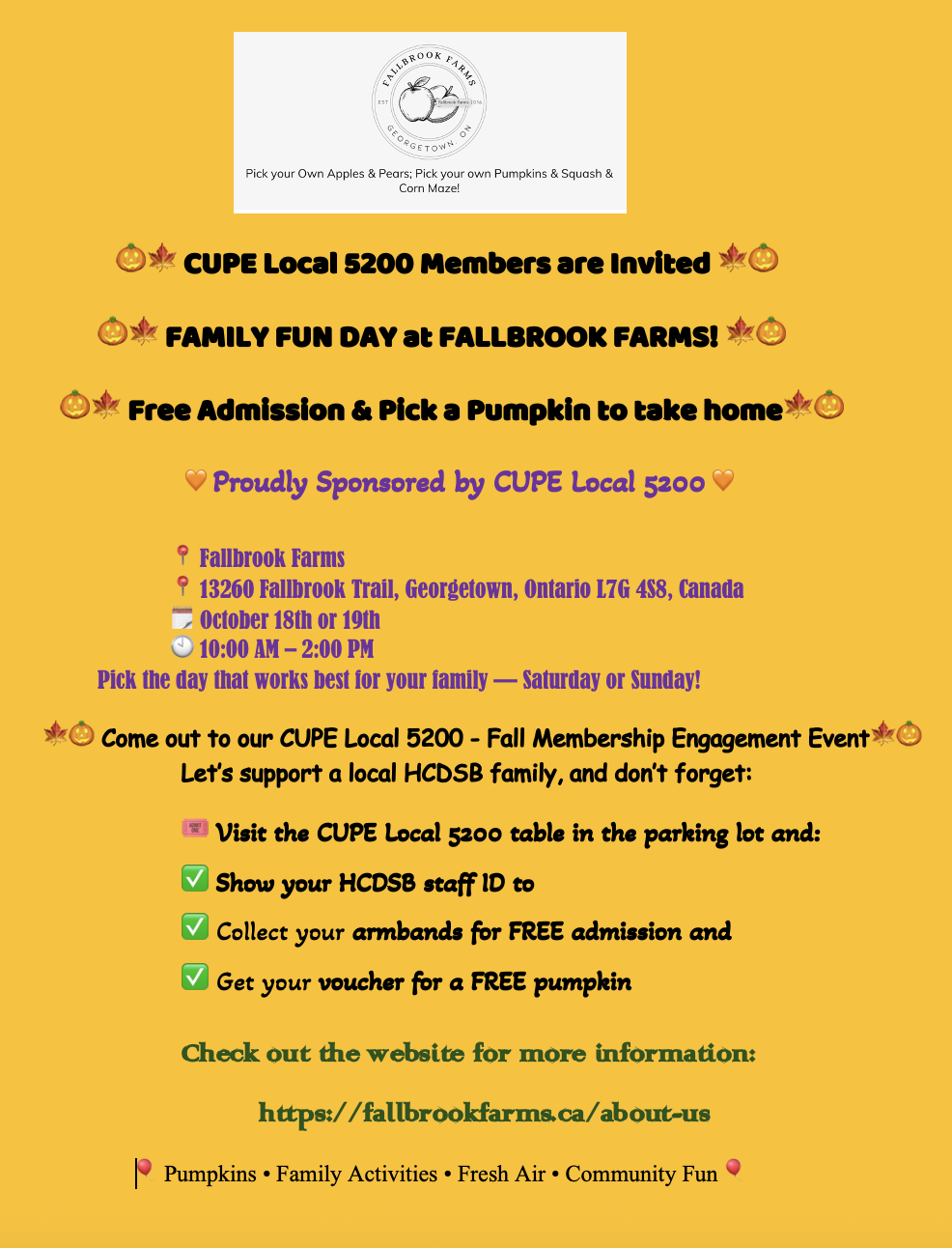 🎃🍁FAMILY FUN DAY at FALLBROOK FARMS! 🍁🎃 - CUPE Local 5200